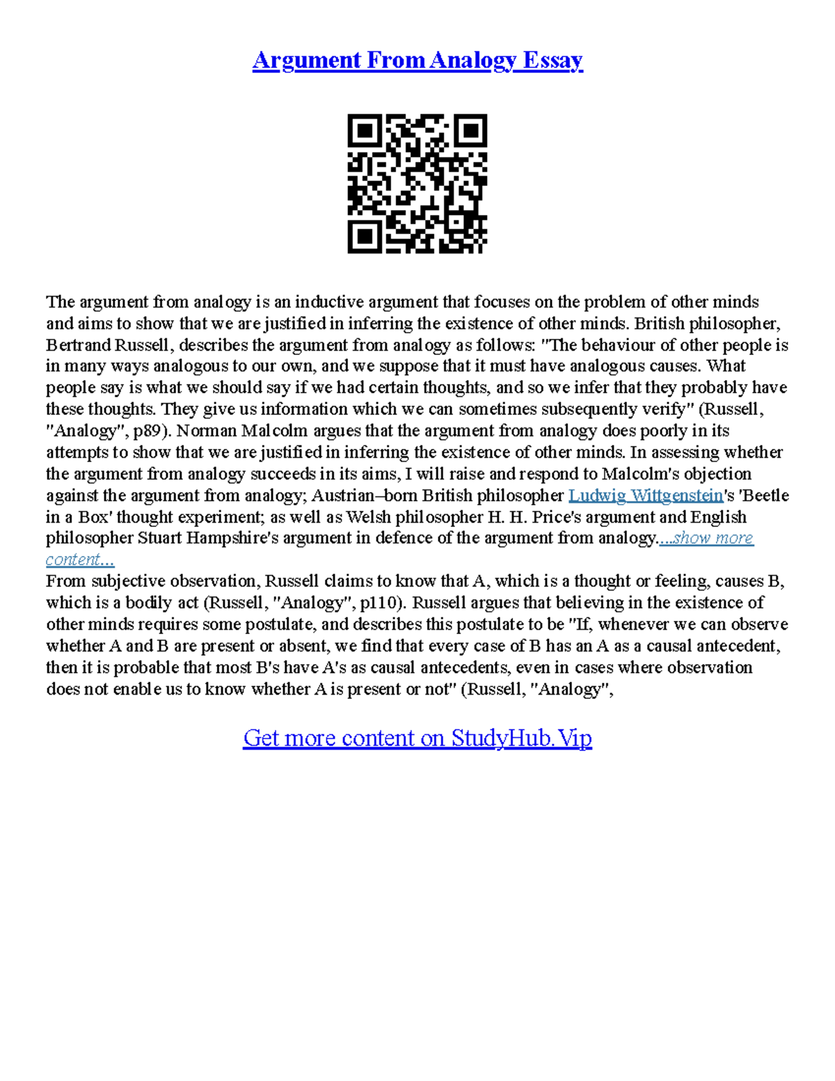 Example Of Analogy Essay - Argument From Analogy Essay The argument ...