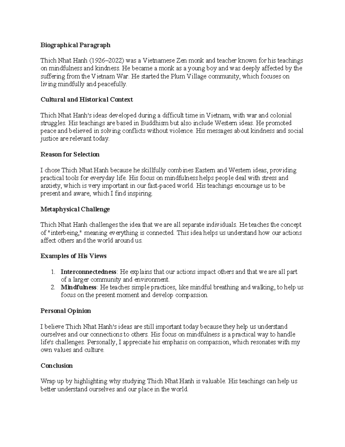 Written Assignment Unit 2 - Biographical Paragraph Thich Nhat Hanh ...
