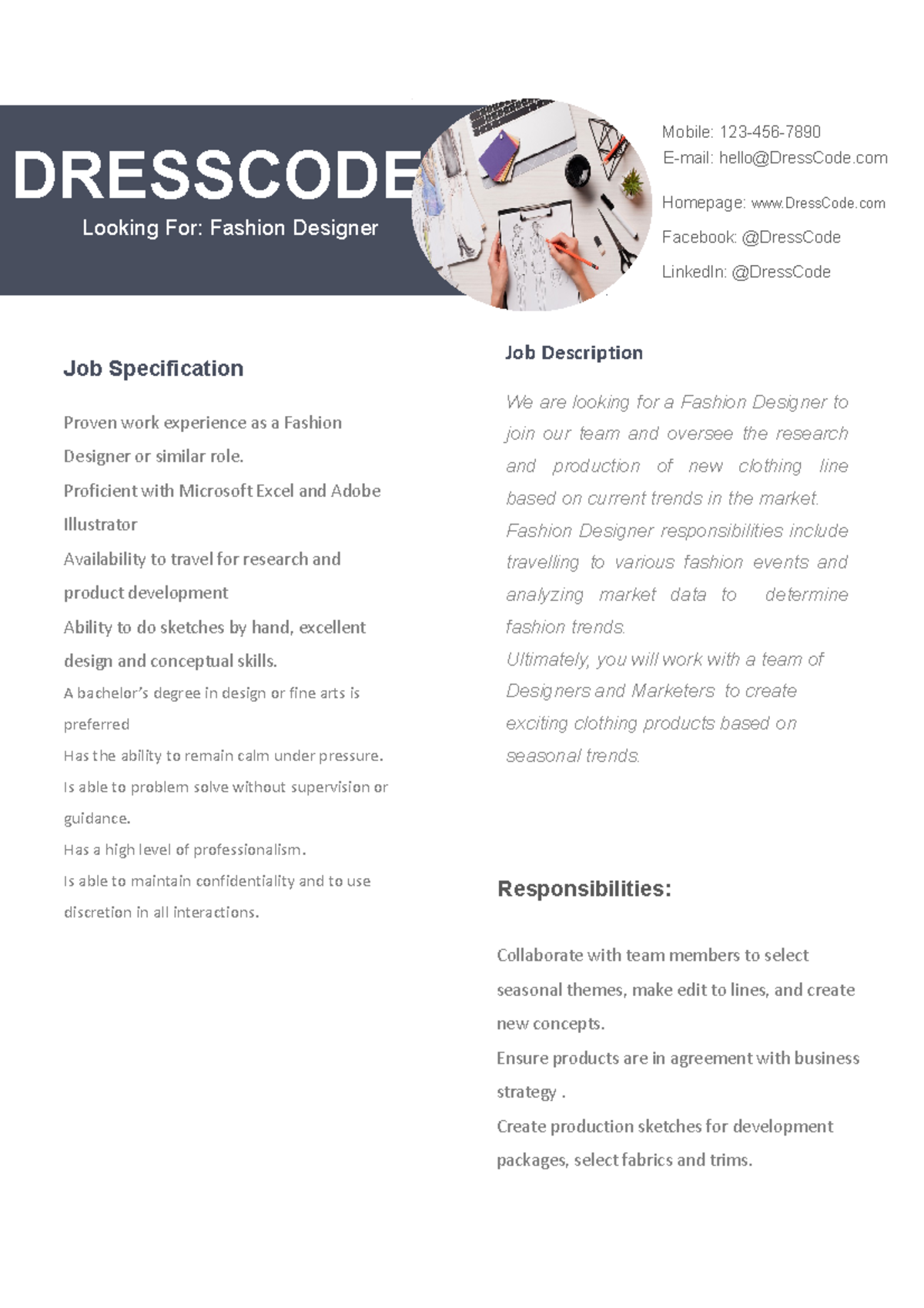 Job description - DRESSCODE Looking For: Fashion Designer Mobile: 123 ...