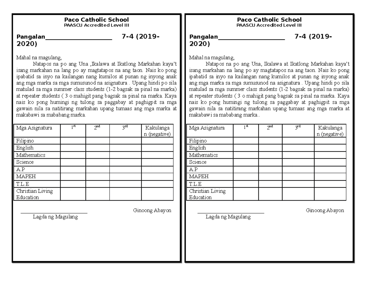 Kasunduang Papel - Agreement for every quarter - Paco Catholic School ...