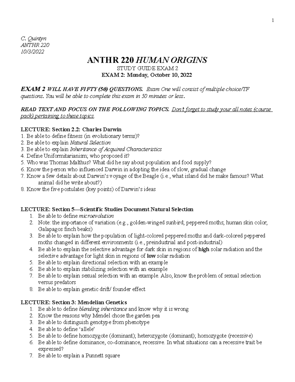 Human Origins fall 2022 Study Guide Exam 2 - C. Quintyn ANTHR 220 10/3 ...