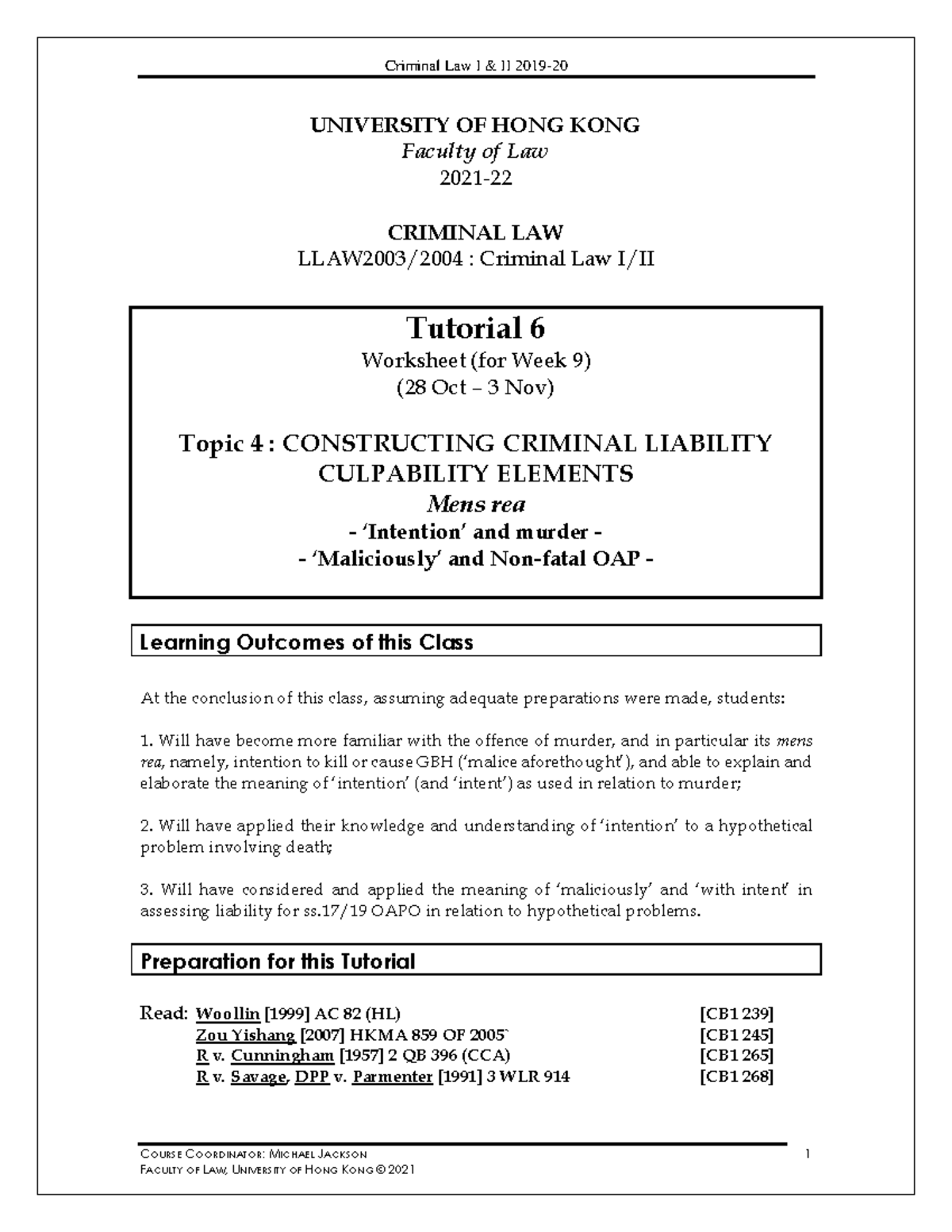 Tutorial 6 Worksheet - Criminal Law - HKU - Studocu