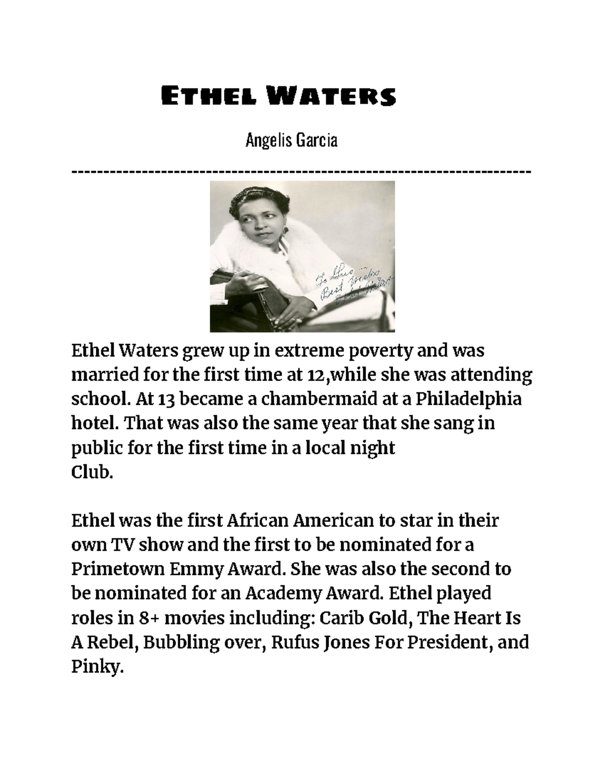 Ethel Waters - Ethel Waters Angelis Garcia Ethel Waters grew up in ...