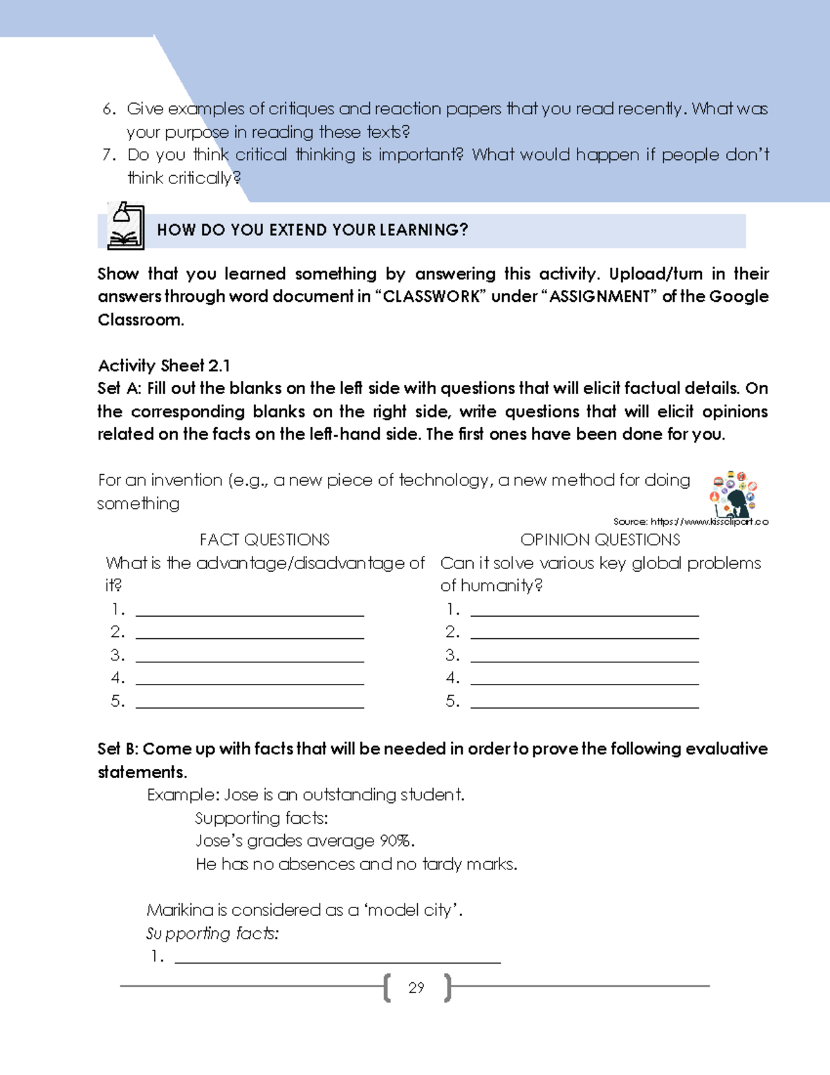 Activity Sheet 2 - 29 6. Give examples of critiques and reaction papers ...