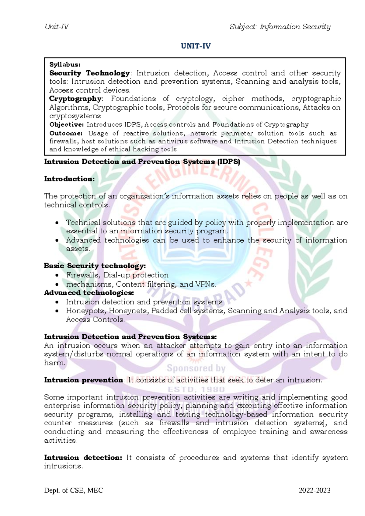 Unit 4 Notes Distributed Systems Unit Iv Intrusion Detection And