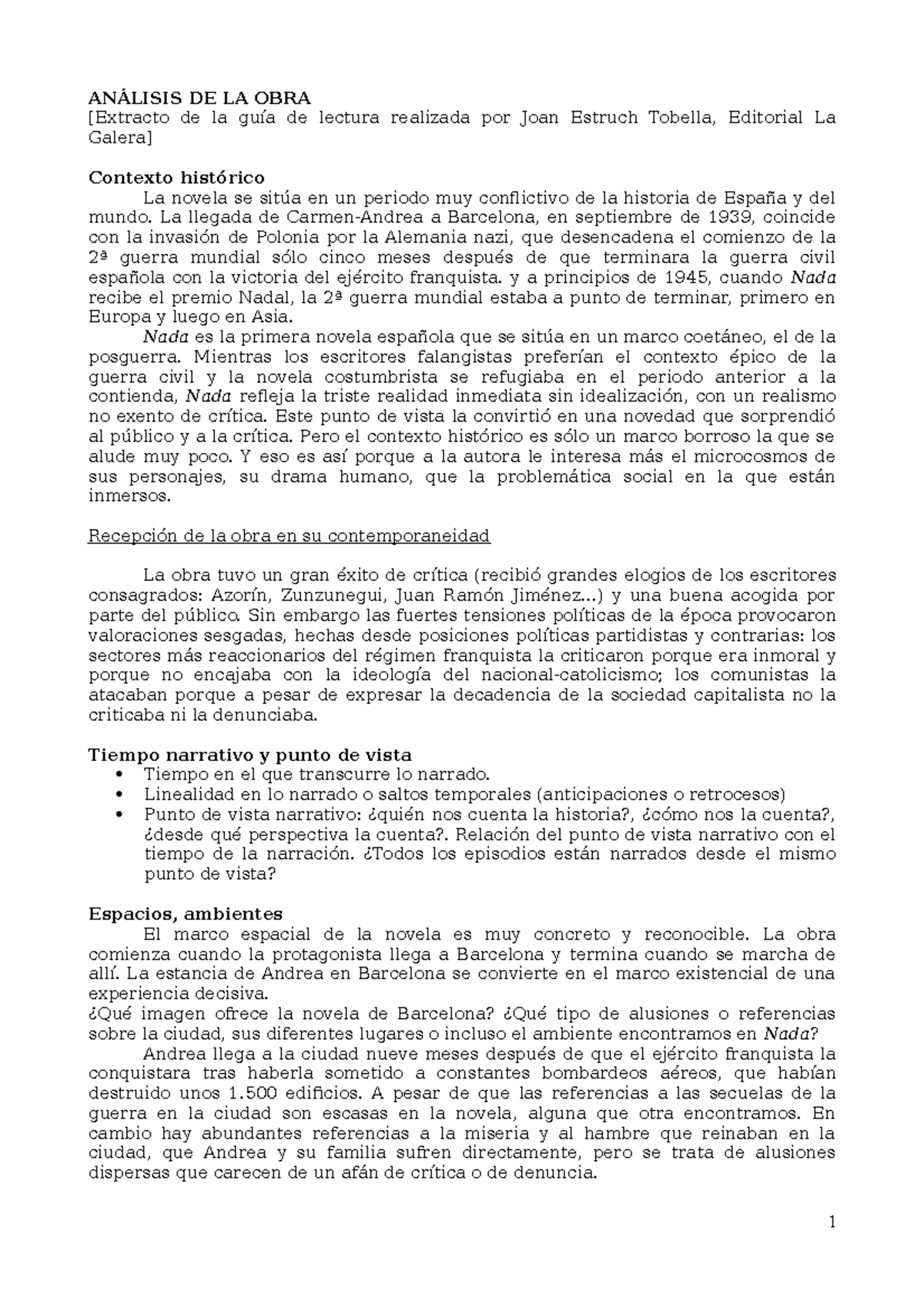 Análisis Nada - Castellano Nada - ANÁLISIS DE LA OBRA [Extracto de la ...