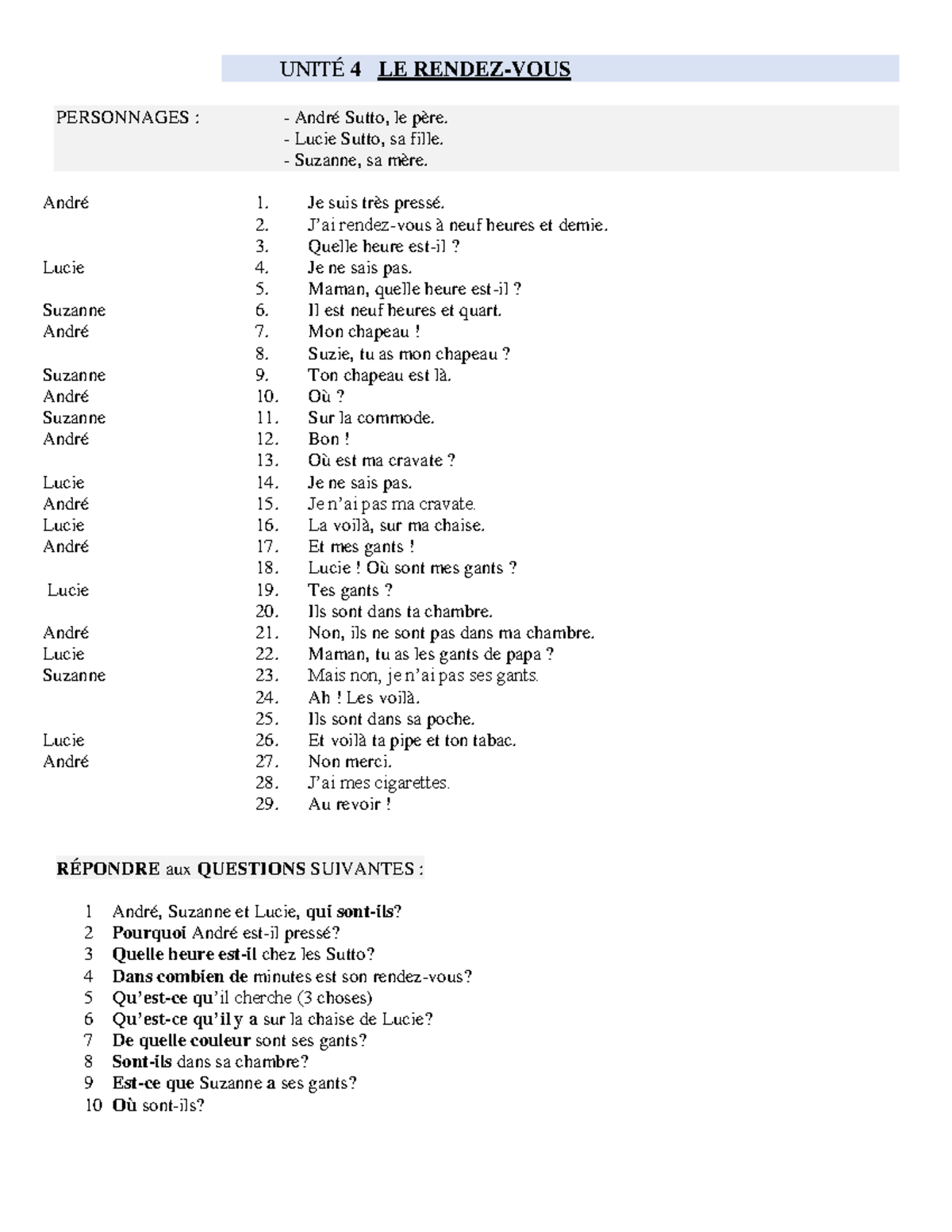 Unité 4 LE Rendez-VOUS - french dialouge - UNITÉ 4 LE RENDEZ-VOUS ...