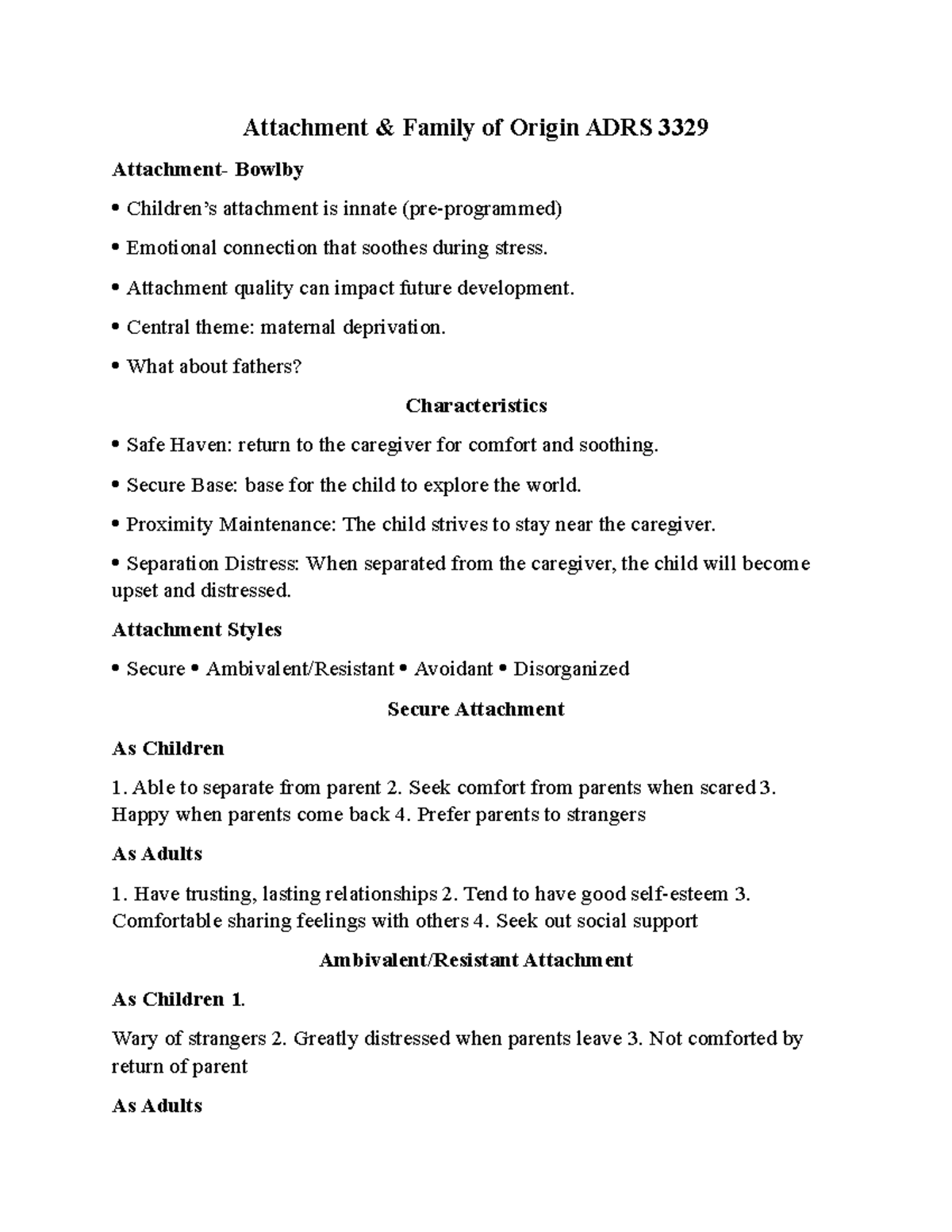 TTU ADRS 3329 Attachment and Family Origin notes - Attachment & Family ...