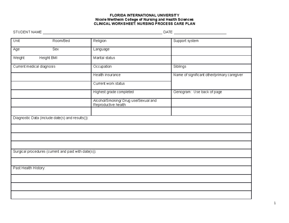 Nursing Care Plan Template - FLORIDA INTERNATIONAL UNIVERSITY CLINICAL ...