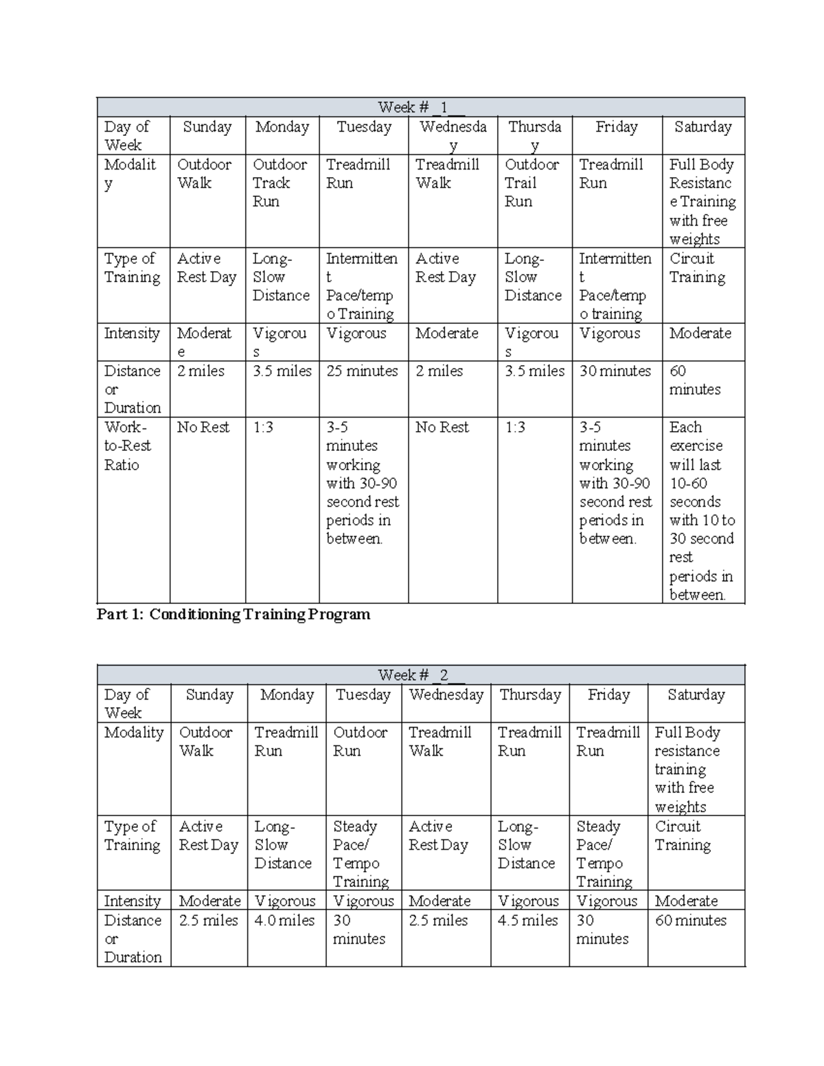 EXS-250 Conditioning Program - Week # 1_ Day of Week Sunday Monday ...