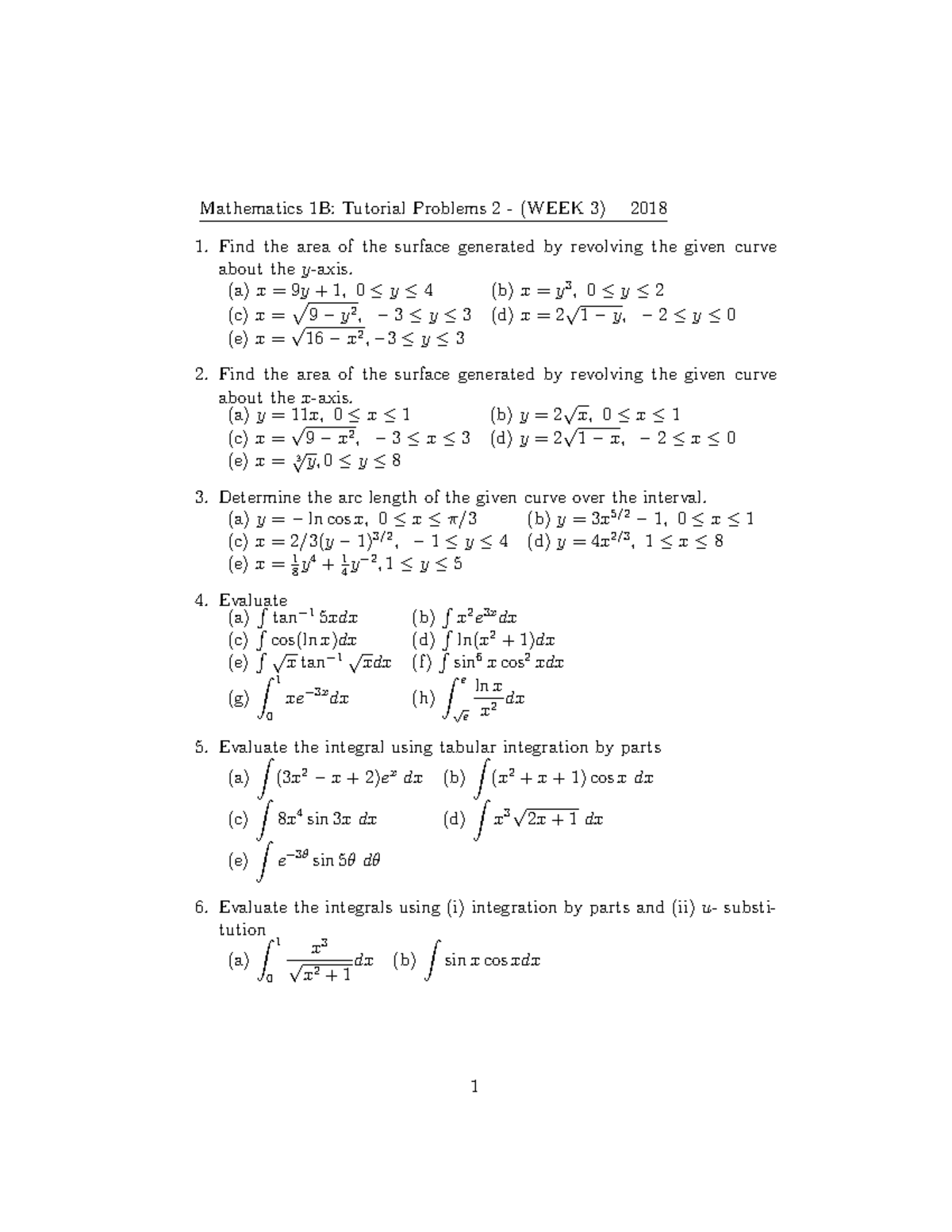 Tutorial 2 Week 32018 - TUTS - Mathematics 1B: Tutorial Problems 2 (WEEK 3) 2018 1. Find the ...