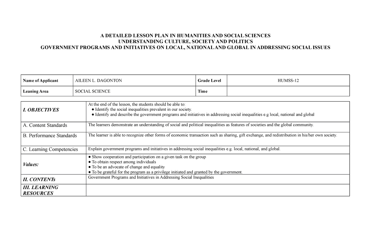 Aileen L. Dagonton - Humms - A DETAILED LESSON PLAN IN HUMANITIES AND ...