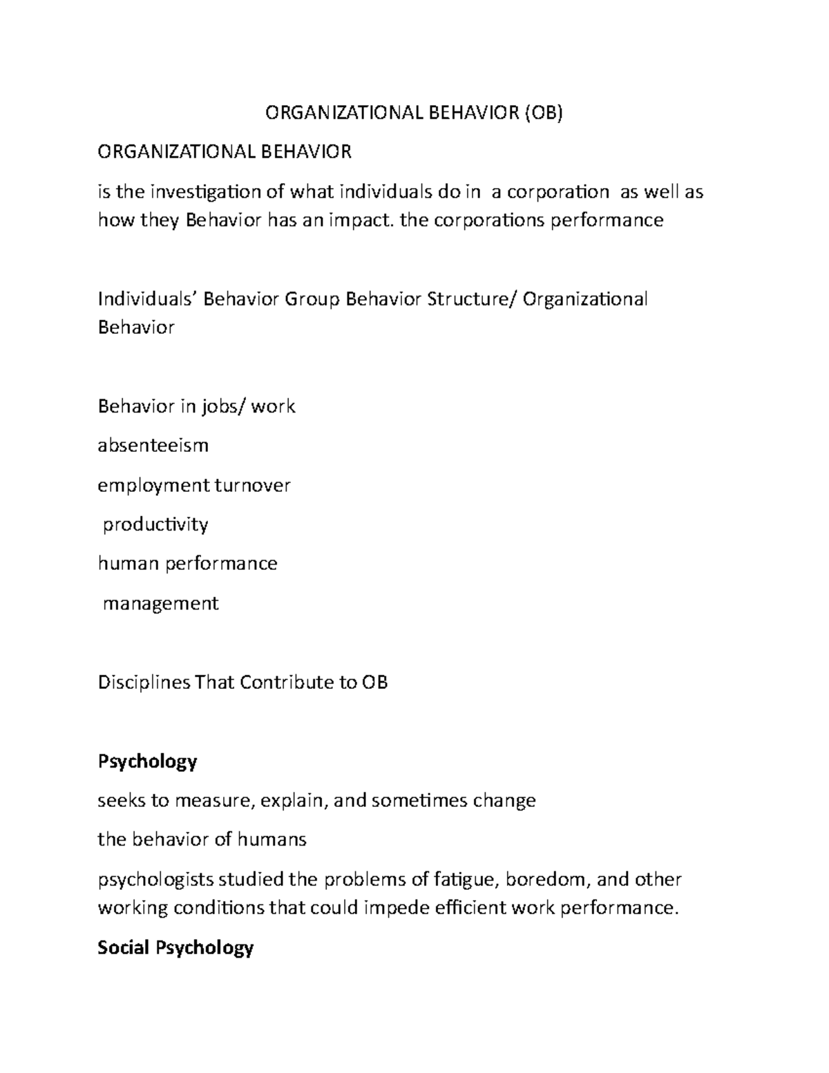 Lecture Notes OF Organizational Behavior - ORGANIZATIONAL BEHAVIOR (OB ...