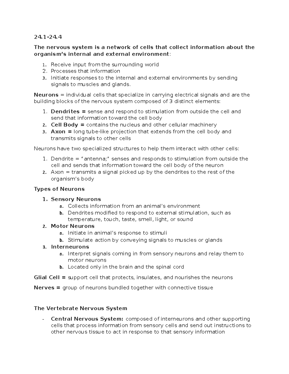 Bio Notes Chapter 24 - The nervous system - 24-24. The nervous system ...