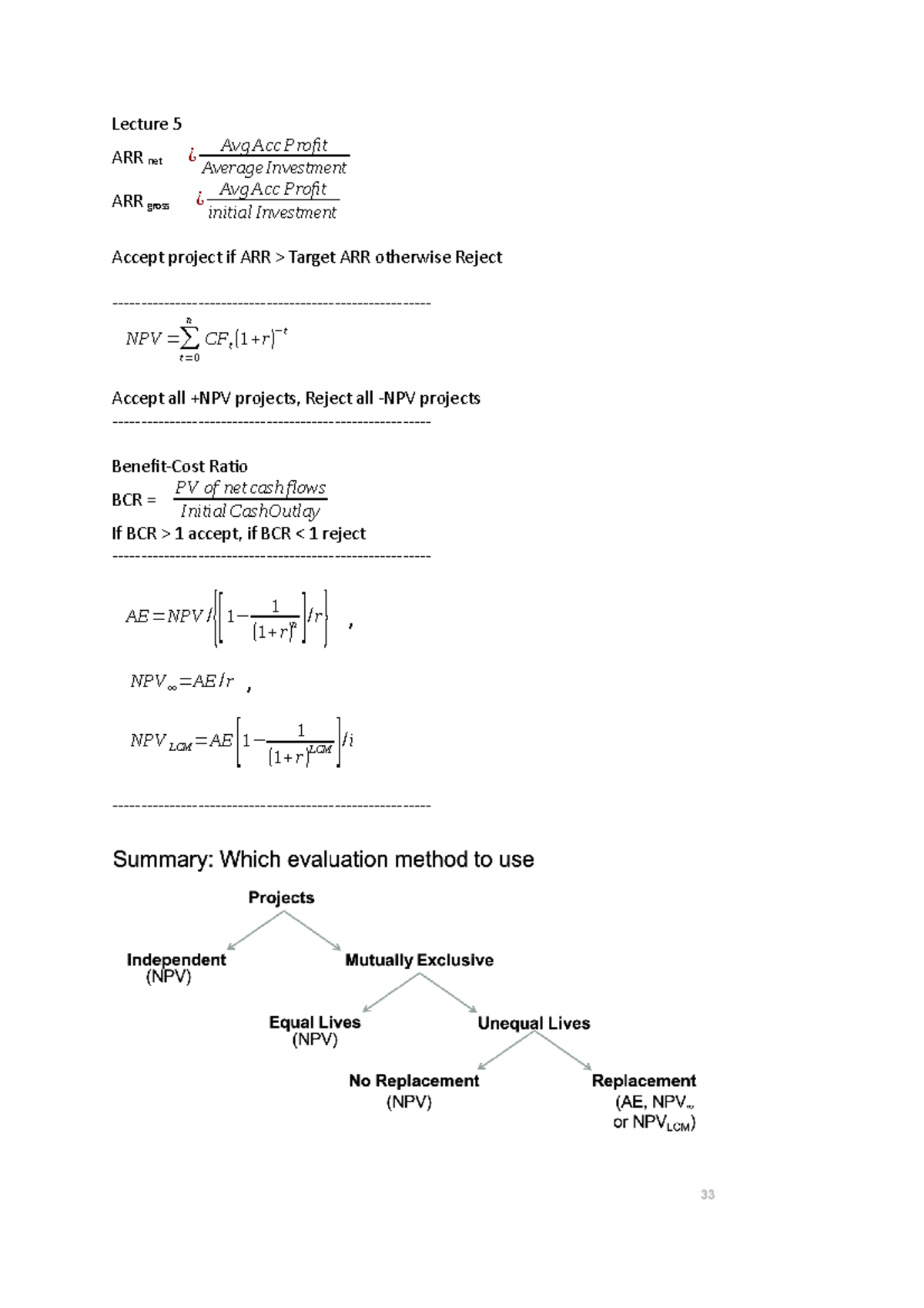Formula Final - Lecture 5 ARR net ¿ AvgAccProfit AverageInvestment ARR ...