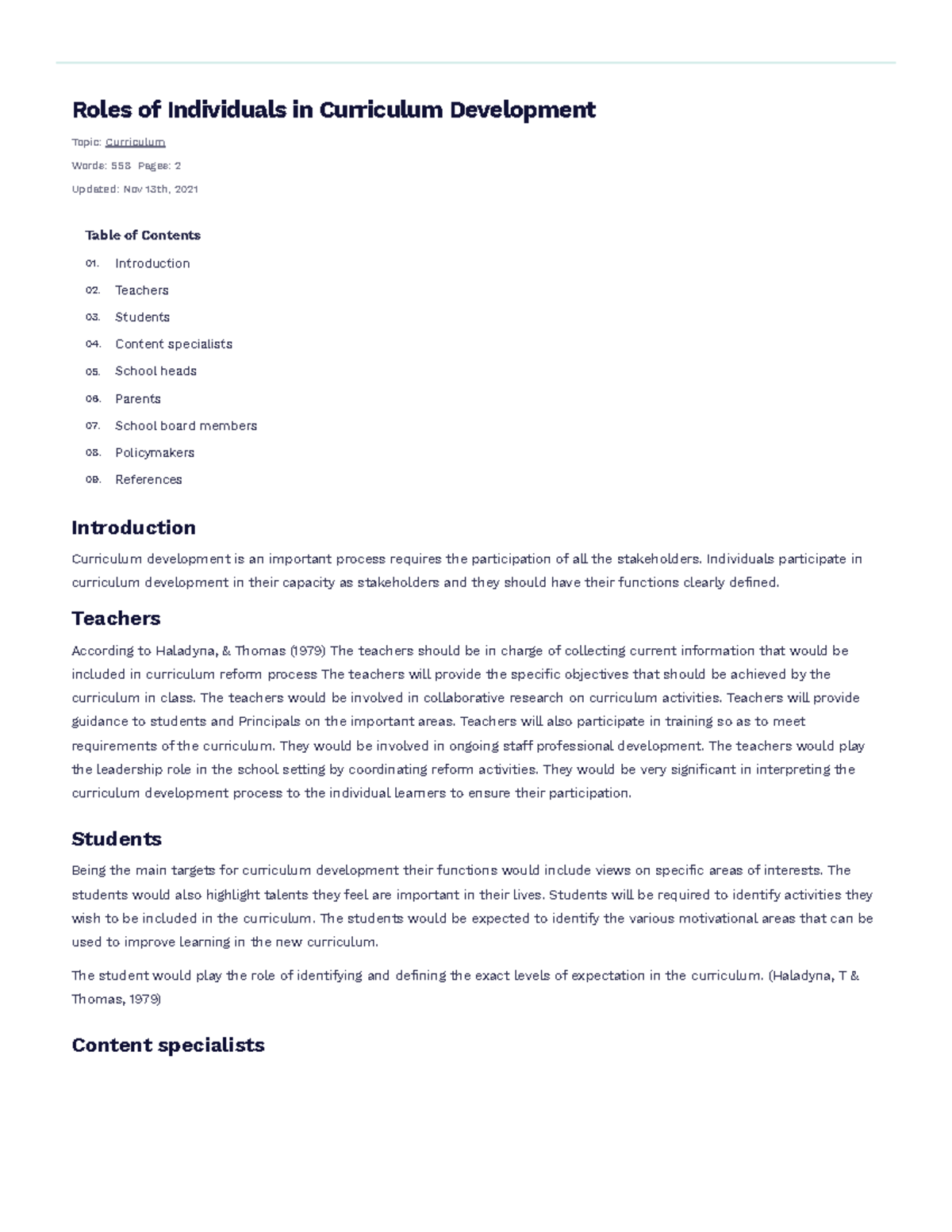 Roles of Individuals in Curriculum Development Free Essay Example ...