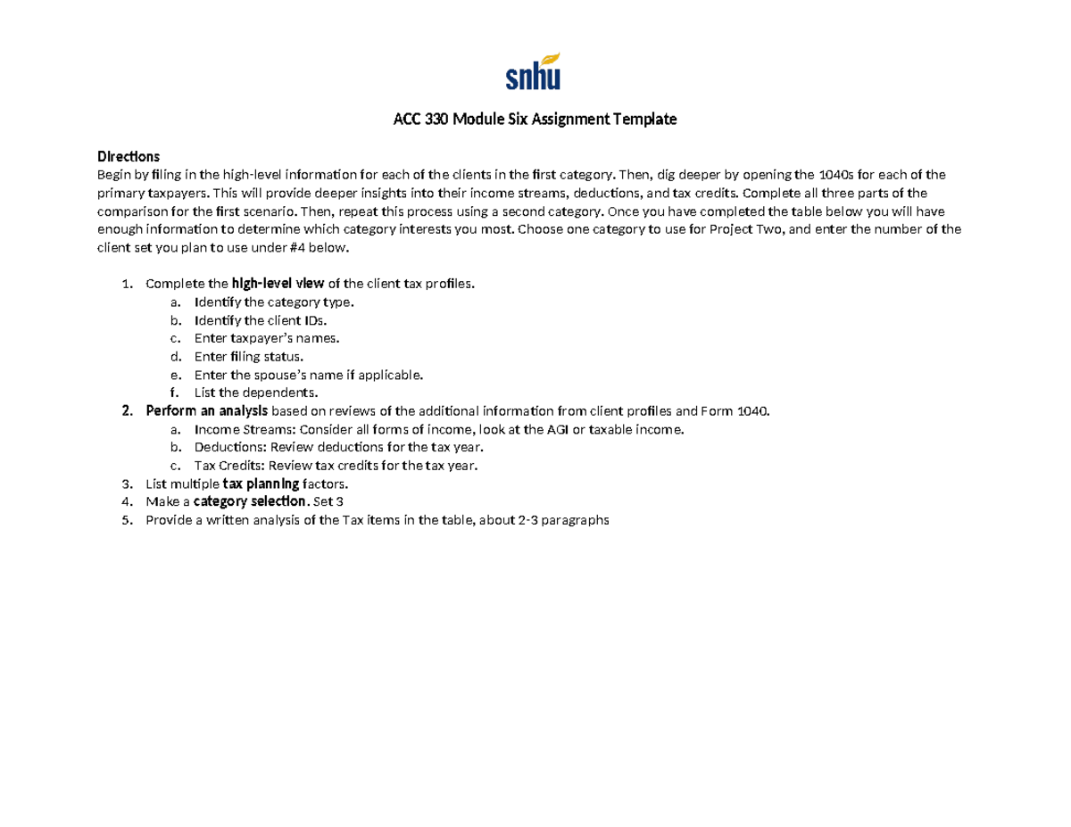 ACC 330 Module Six Assignment Template Completed - ACC 330 Module Six Assignment Template ...