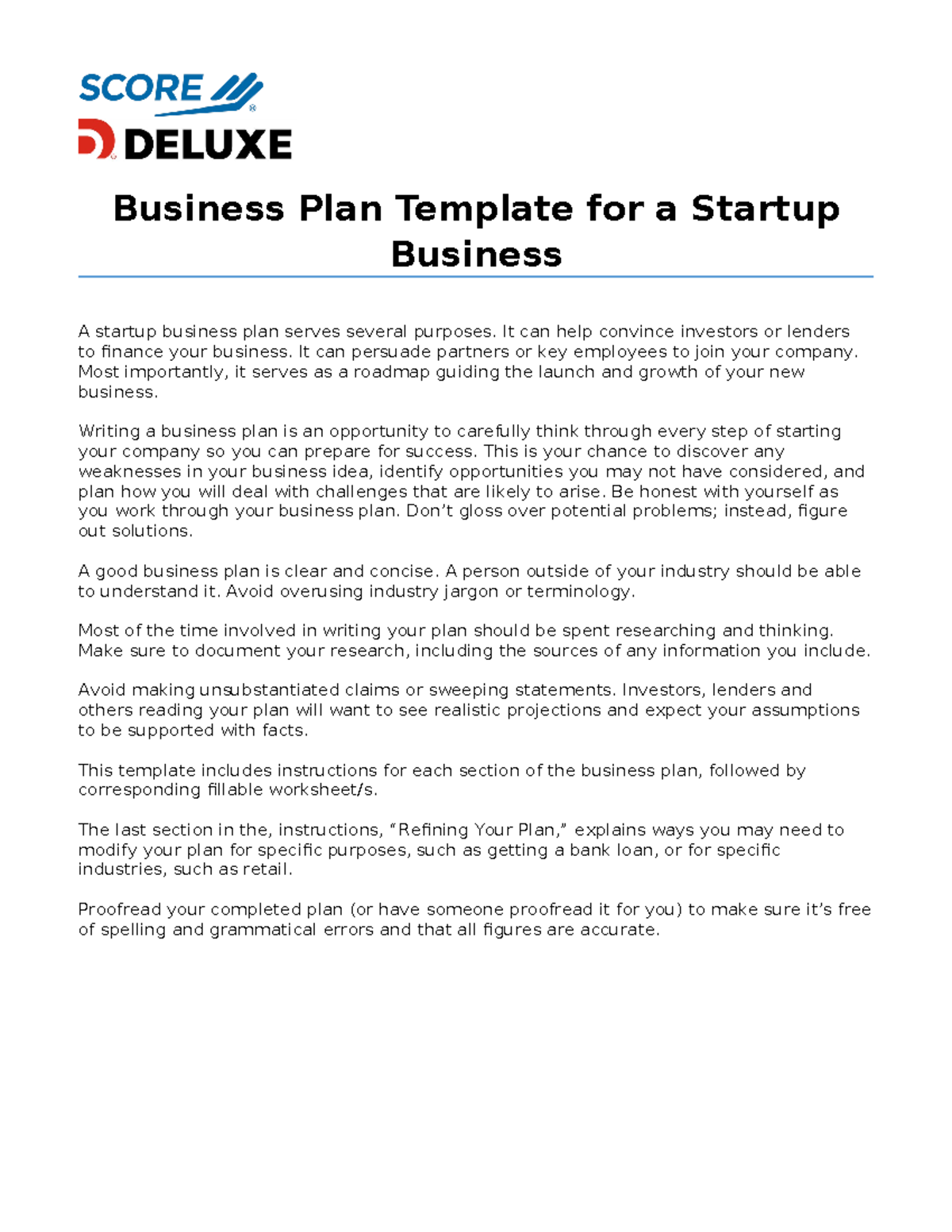 Startup Business Plan Template - Business Plan Template for a Startup ...