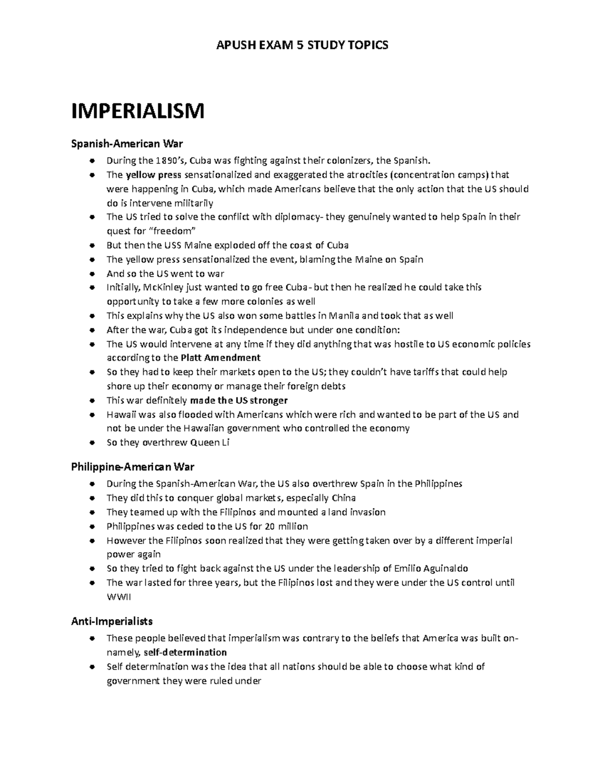 APUSH Exam 5 Study Guide - IMPERIALISM Spanish-American War During the ...
