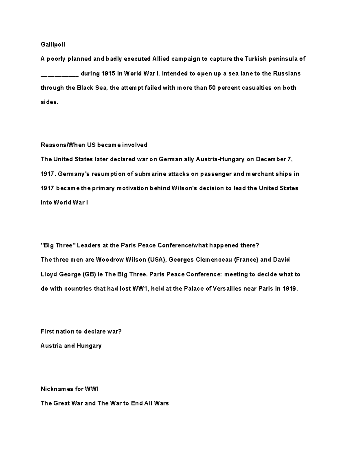 1 World War I Notes Question Notes pt2 - Google Docs - Gallipoli A ...