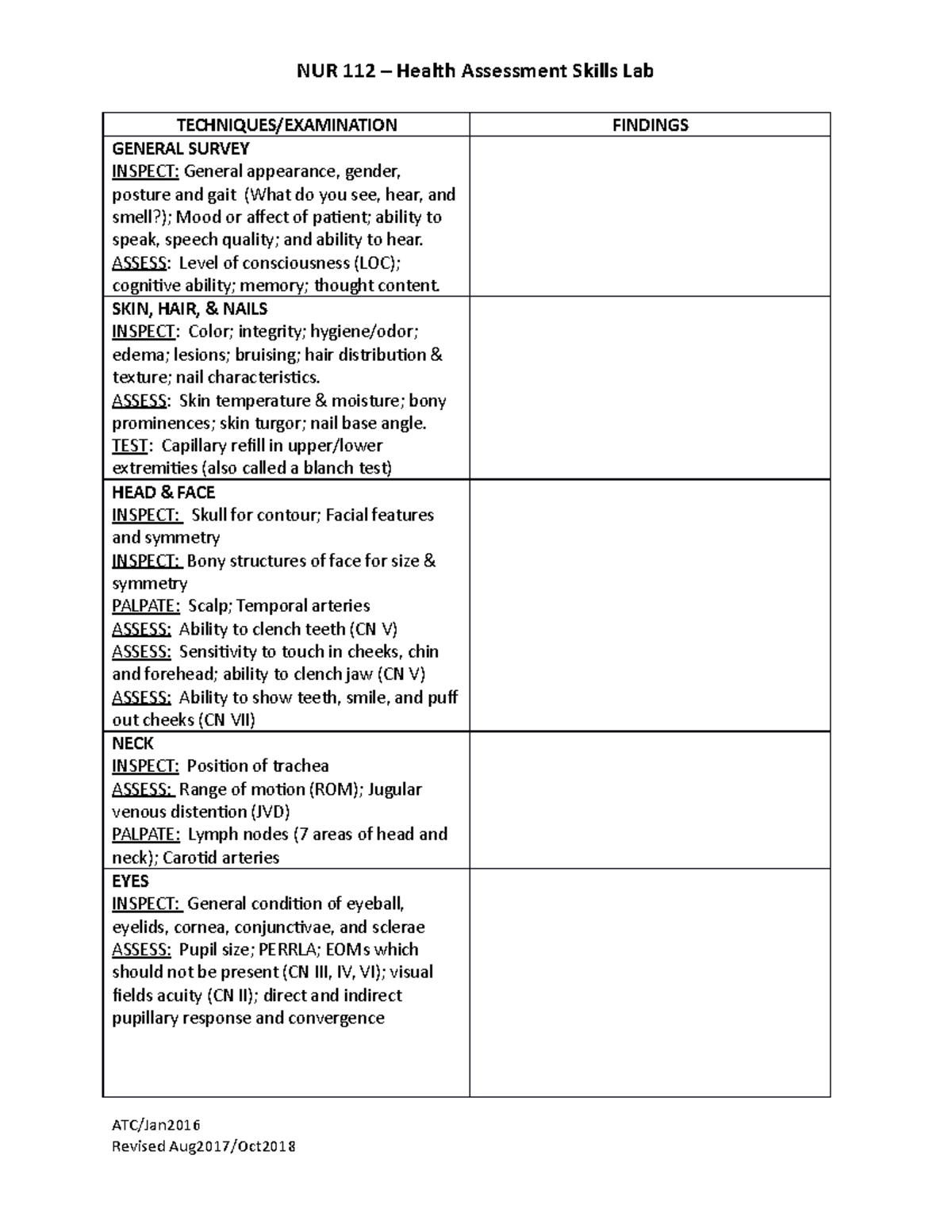 NUR 112 Techniques Exam Findings Form for Health Assessment Lab - NUR ...