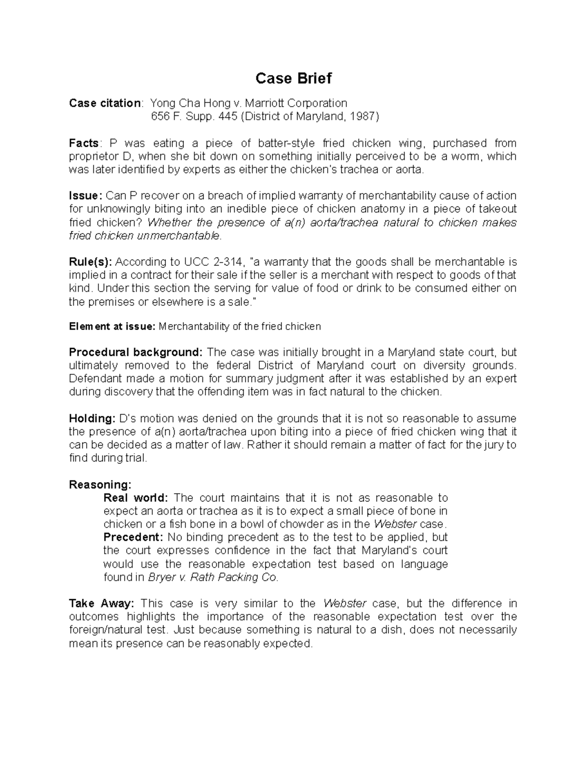Yong Cha Hong v. Marriott Corporation Brief - Case Brief Case citation ...