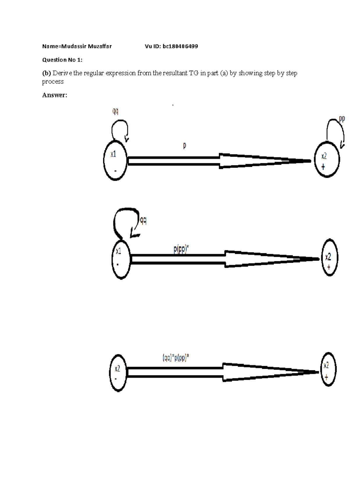 Assigment No 3 Of Cs402 Theory Of Automata Name Mudassir Muzaffar Vu Id Bc Question No 1 B