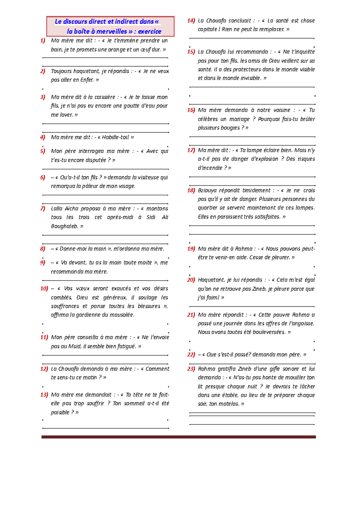 Exercice-discours direct et indirect dans « la boîte à merveilles ...
