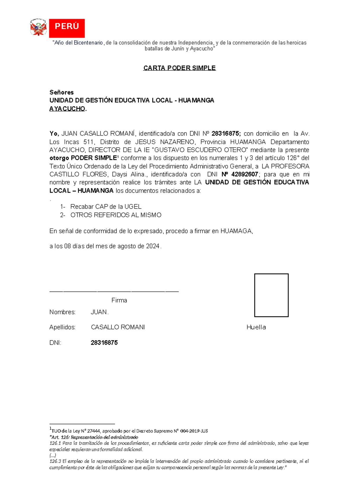 Formato de Carta Poder Simple - PERÚ “Año del Bicentenario, de la ...