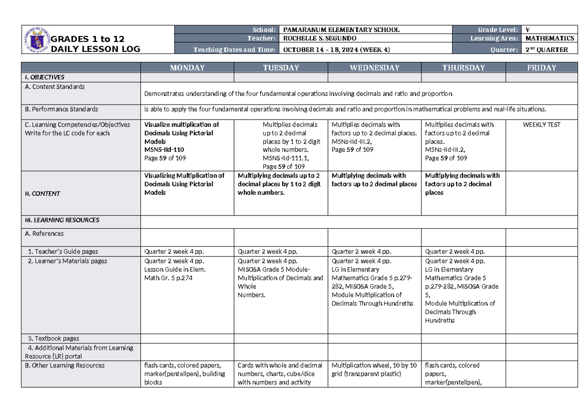 DLL Mathematics 5 Q2 W4 - DLL MATH 5 Q2 W4 - GRADES 1 to 12 DAILY ...