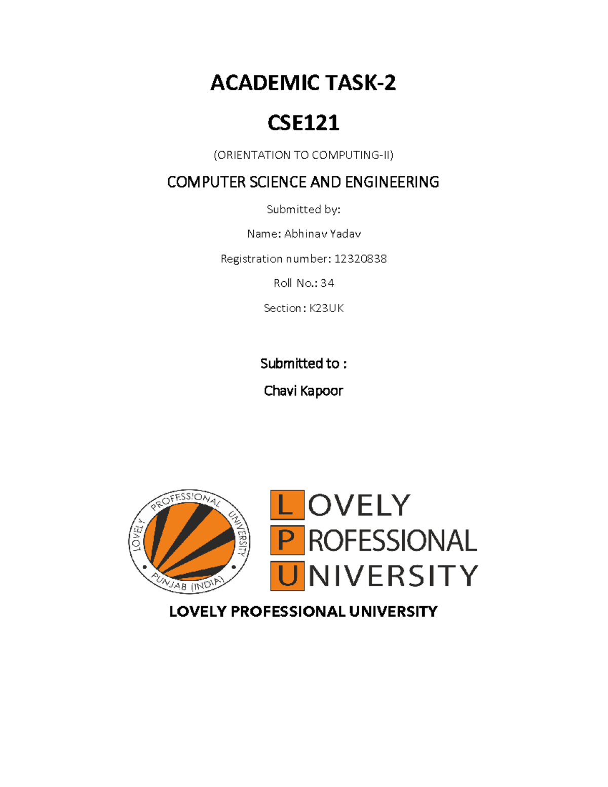 CSE 121 CA2 - ACADEMIC TASK- CSE (ORIENTATION TO COMPUTING-II) COMPUTER SCIENCE AND ENGINEERING ...
