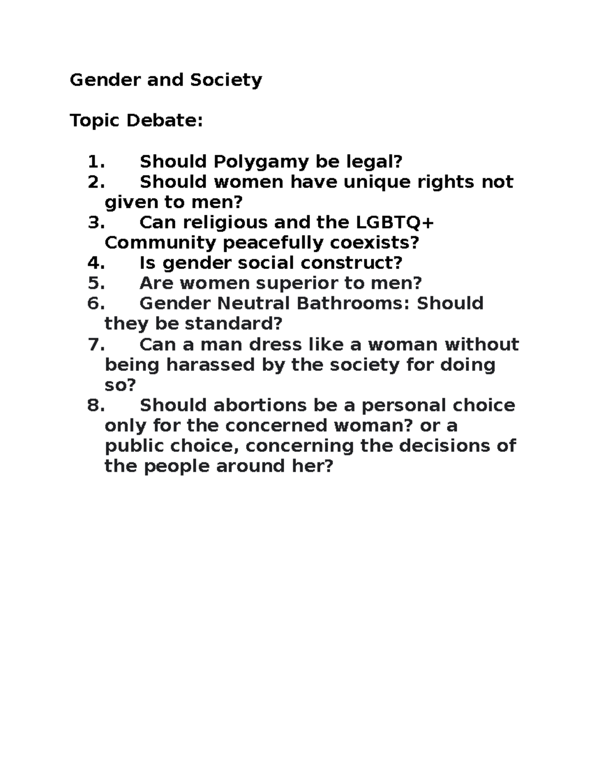 Gender and Society - Gender and Society Topic Debate: 1. Should ...