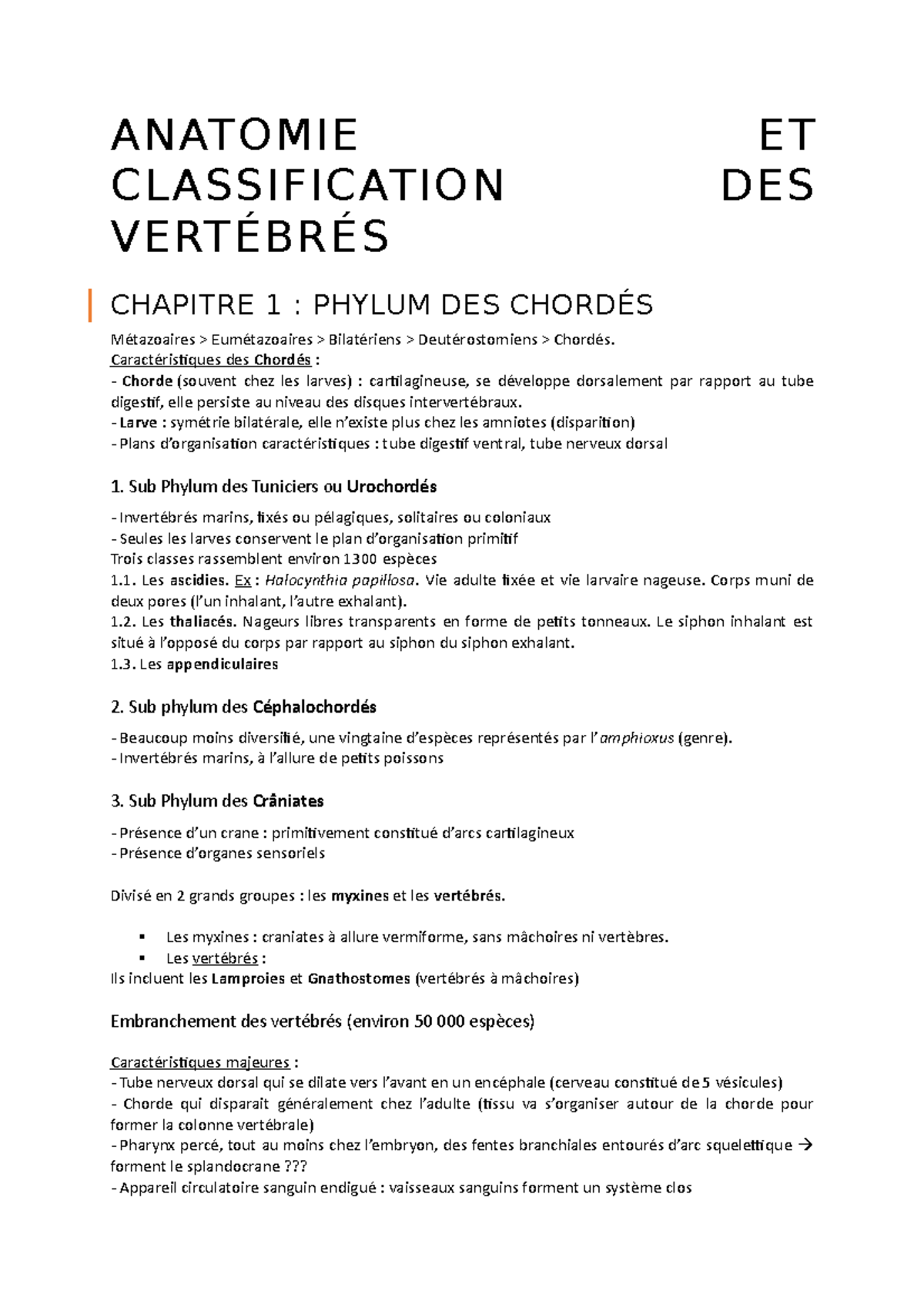 Anatomie et classification des vertébrés - ANATOMIE ET CLASSIFICATION ...