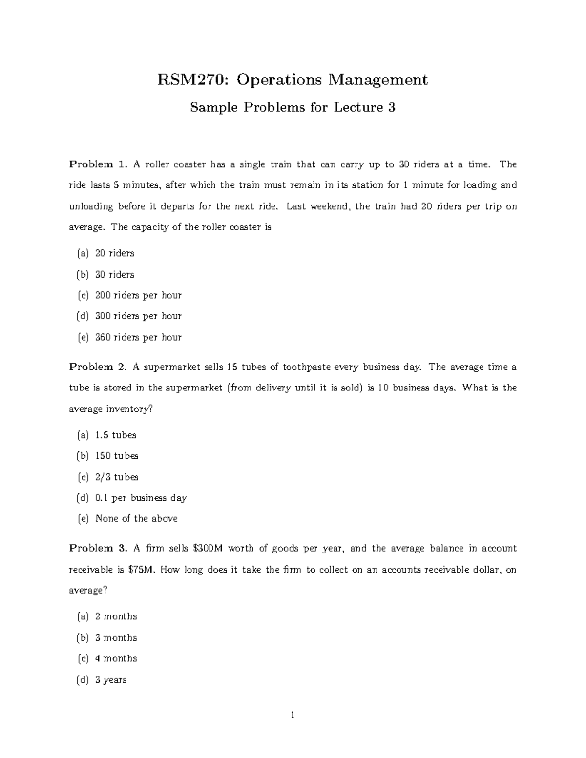 Sample Problems - Lecture 3 - Without Solutions - RSM270: Operations ...
