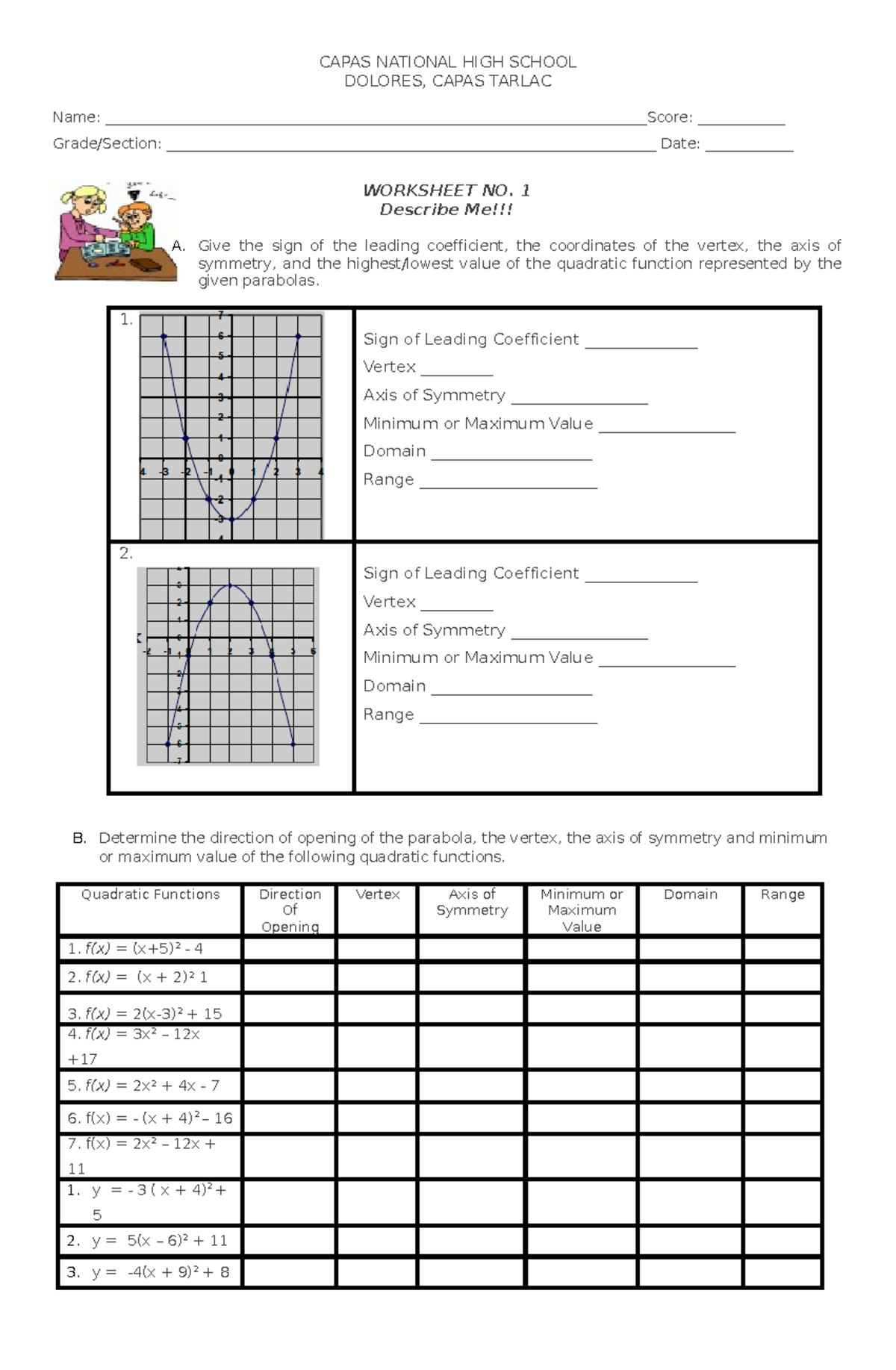 Quadratic Function Activities - CAPAS NATIONAL HIGH SCHOOL DOLORES ...