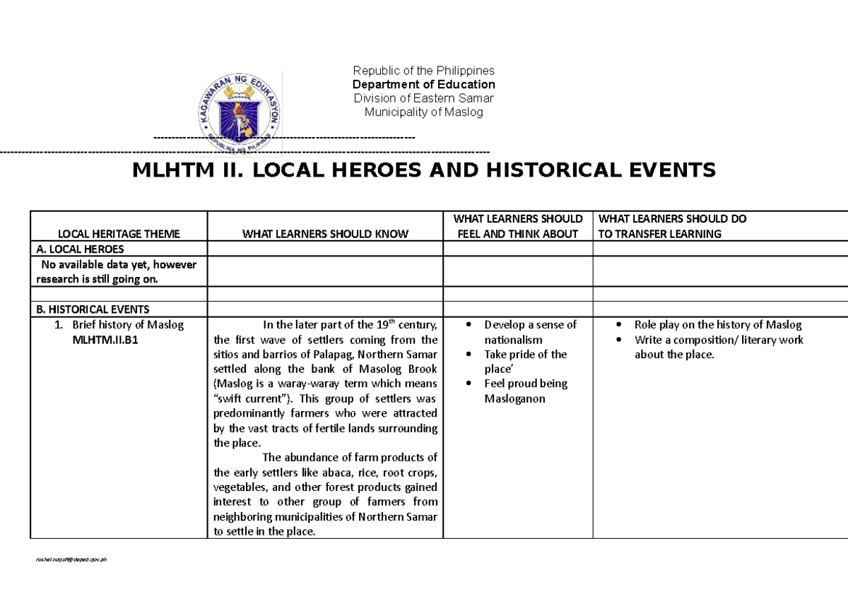 Maslog - Local Heroes and Historical Events - Republic of the ...