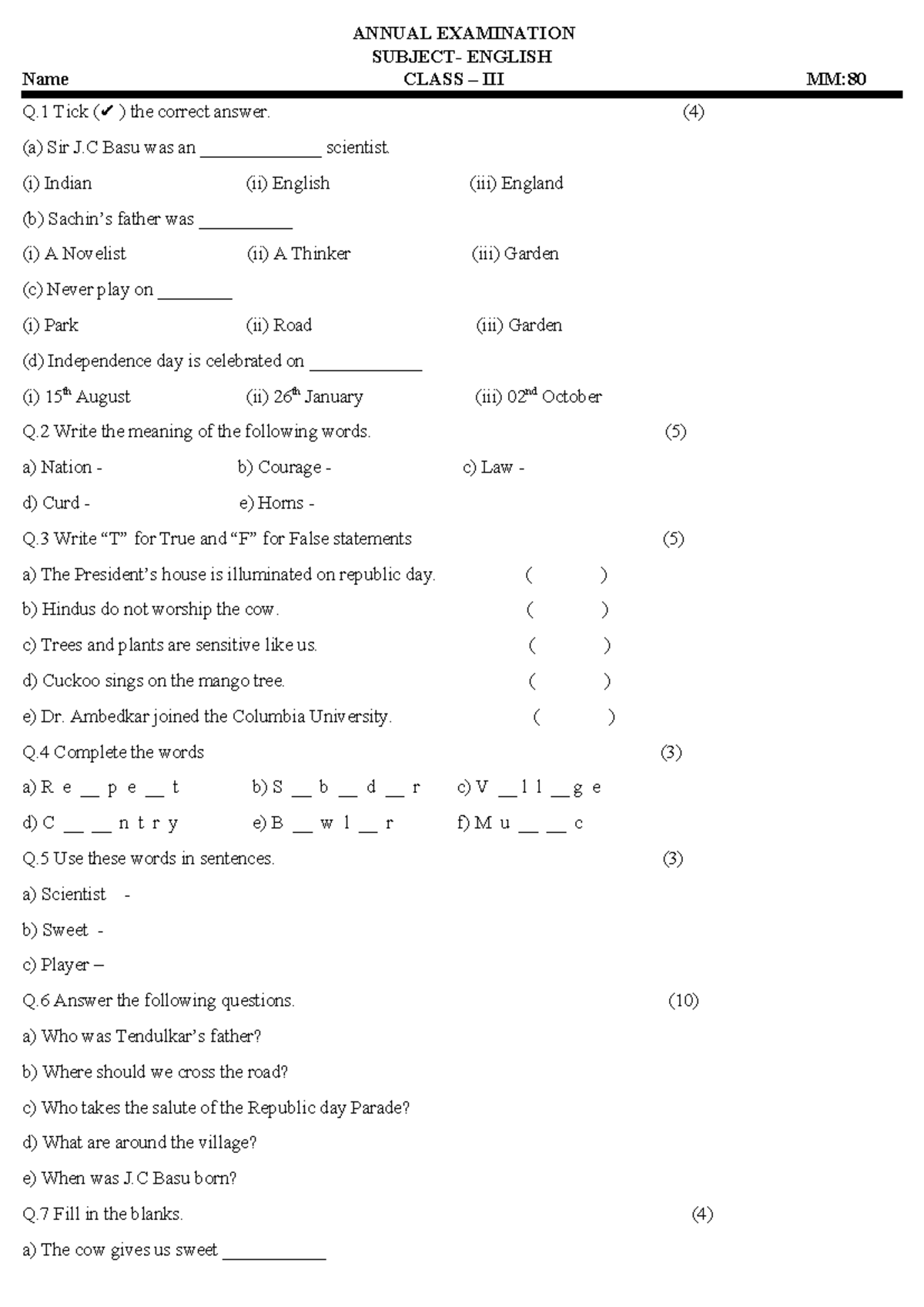 English Class 3 Final updated - ANNUAL EXAMINATION SUBJECT- ENGLISH ...