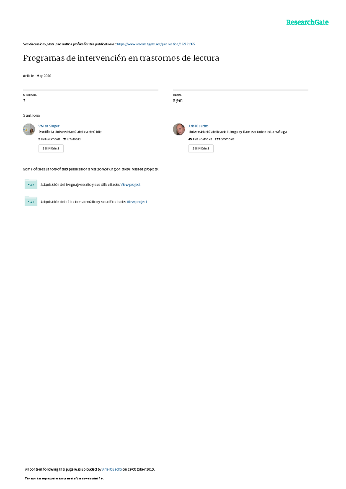 Programas de intervencion en trastornos de lectura - See discussions ...