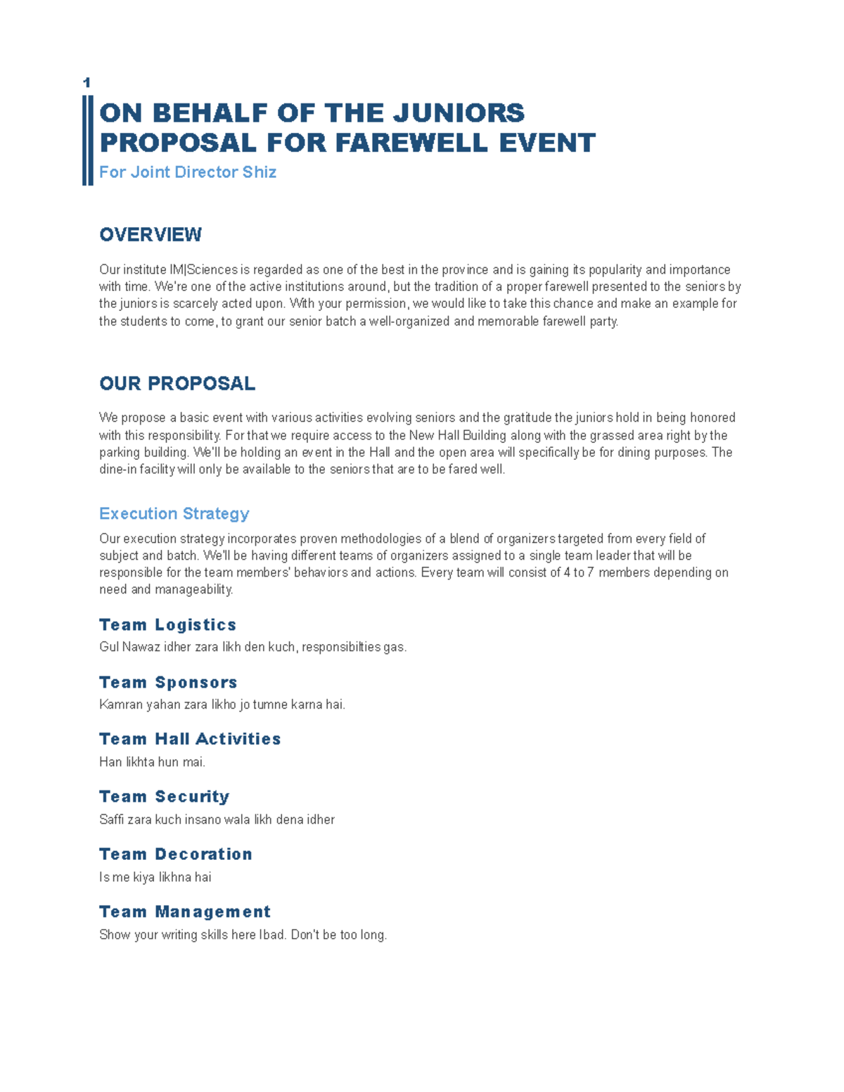 Farewell Party - ON BEHALF OF THE JUNIORS PROPOSAL FOR FAREWELL EVENT ...