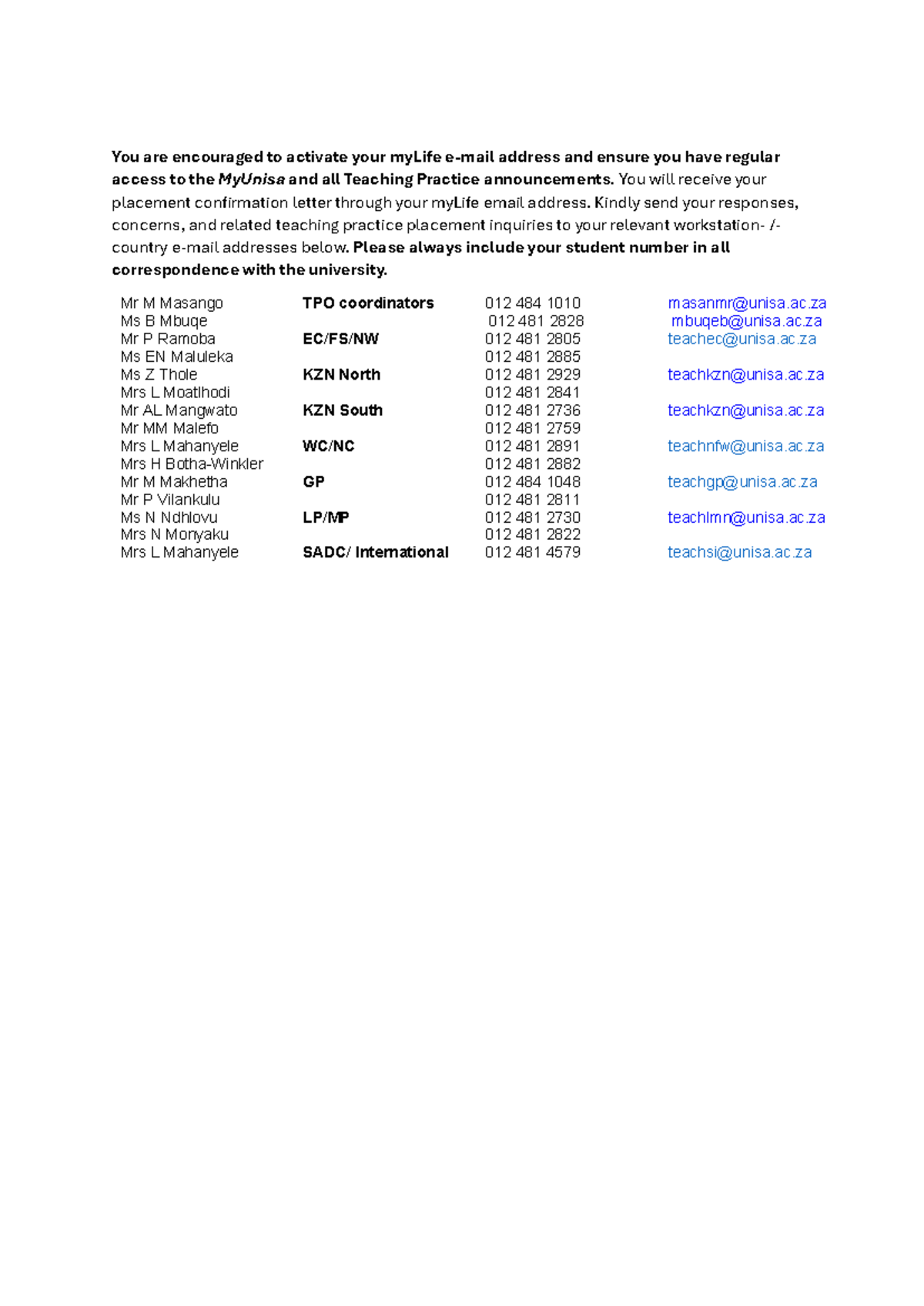 Who to contact for TP placement - You are encouraged to activate your ...