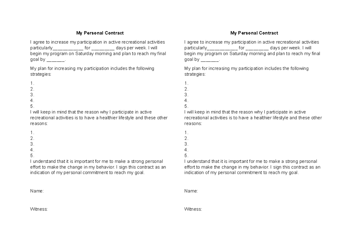 My Personal Contract - I will begin my program on Saturday morning and ...