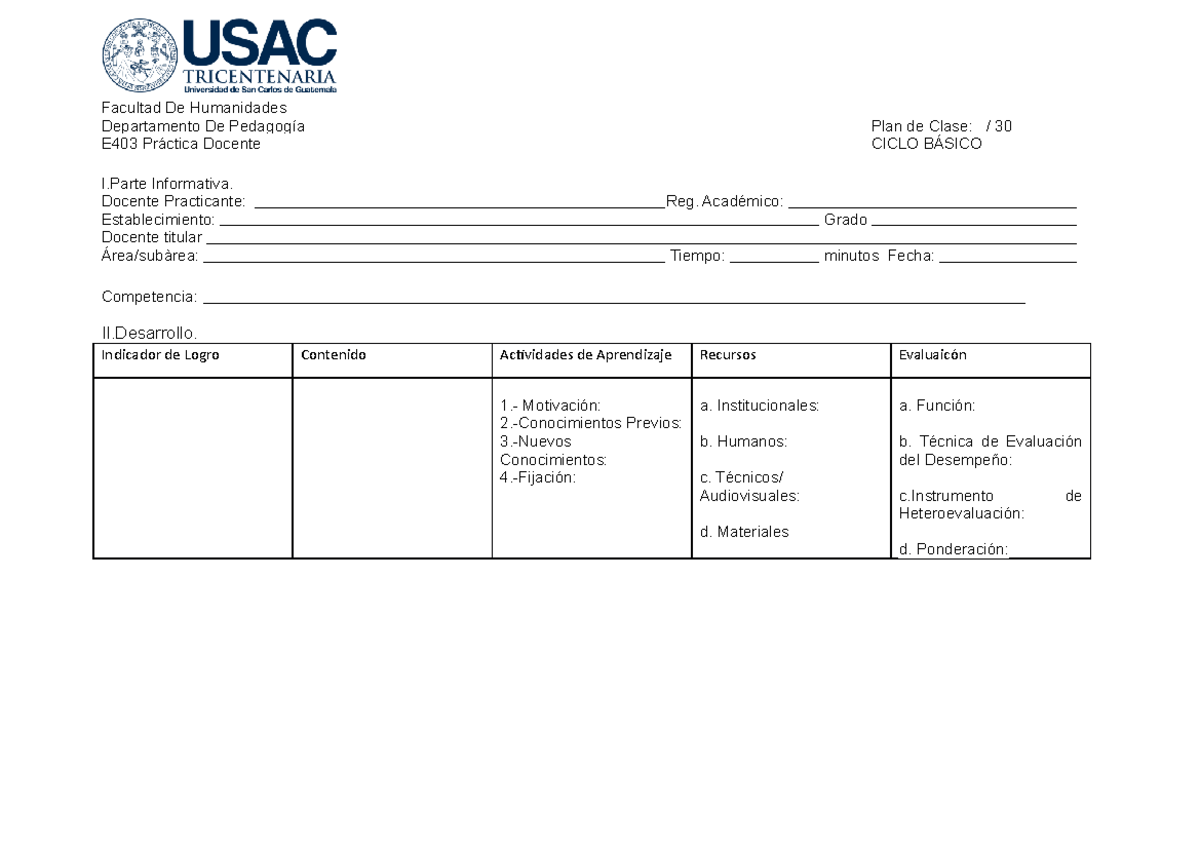 4. Formato PLAN DE Clase Ciclo Básico Y Diversificado - Facultad De ...