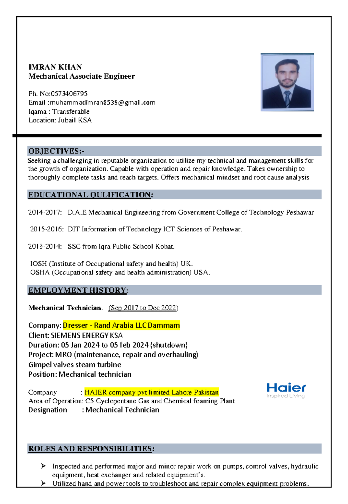 Imran khan CV - best file to study - IMRAN KHAN Mechanical Associate Engineer Ph. No: 0573406795 ...