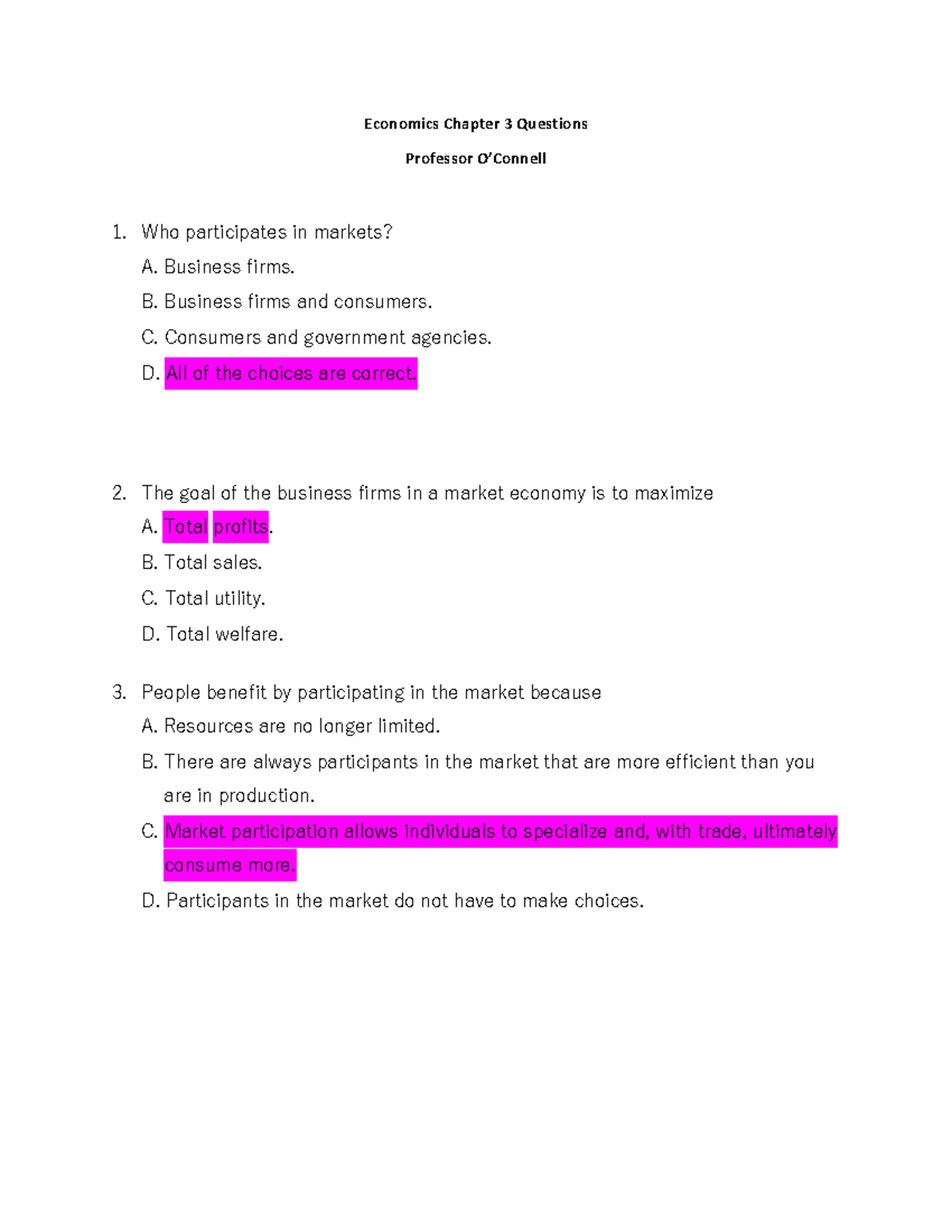 Chap 3 Questions w Answers - Economics Chapter 3 Questions Professor O ...