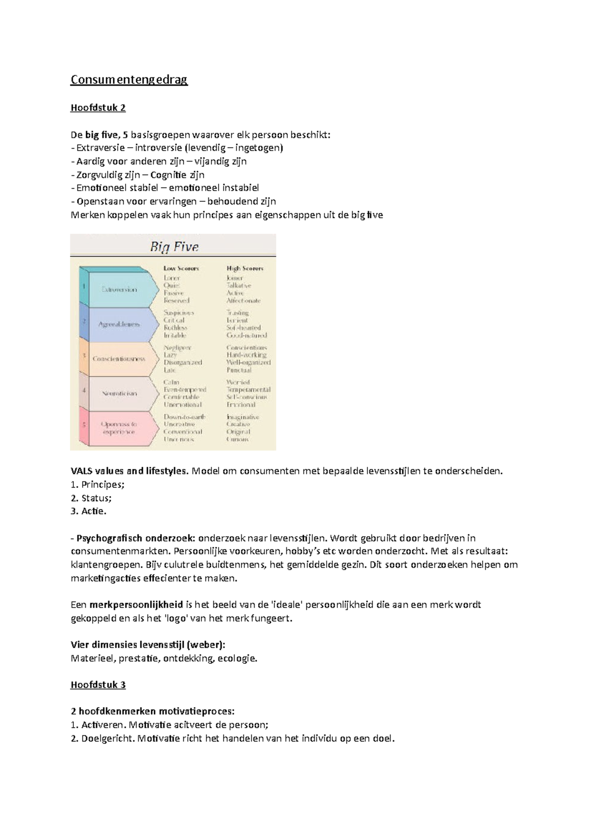 Samenvatting consumentengedrag Stuvia - Consumentengedrag Hoofdstuk 2 De big five, 5 ...