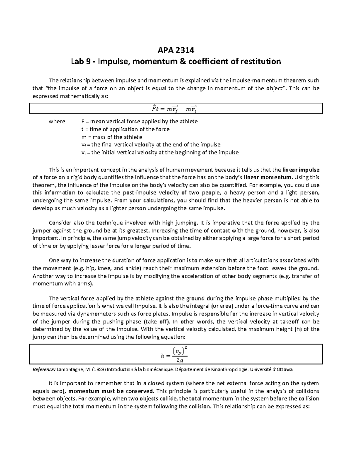 Lab 9- Impulse, momentum & coefficient of restitution - APA 231 4 Lab 9 ... Lab 9- Impulse, momentum & coefficient of restitution - APA 231 4 Lab 9 ...