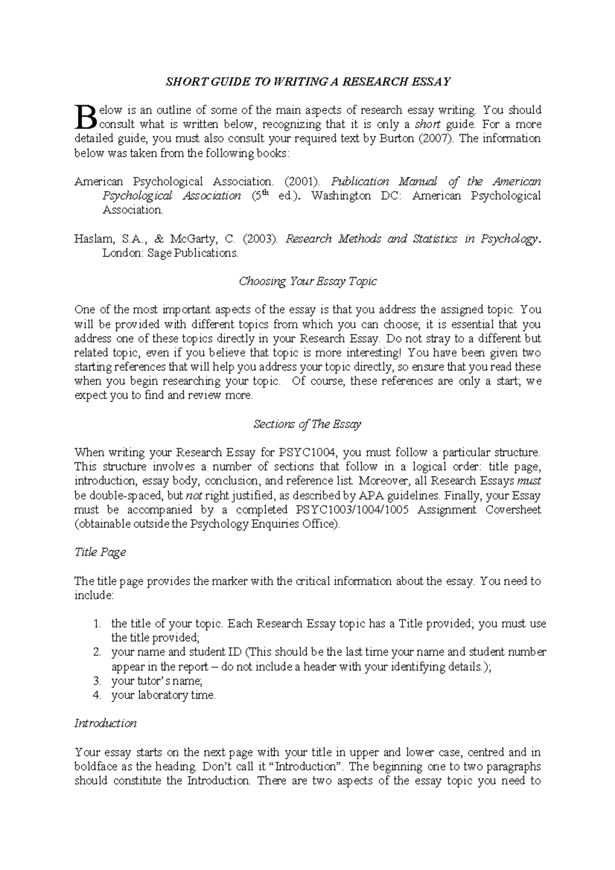 Short Guide - PSYC1004 Essay - SHORT GUIDE TO WRITING A RESEARCH ESSAY ...