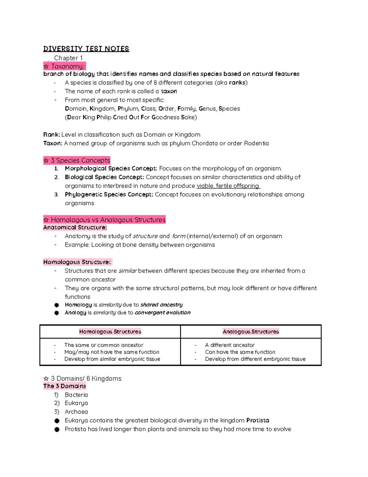 Diversity Test Notes (not plants) - DIVERSITY TEST NOTES Chapter 1 ...