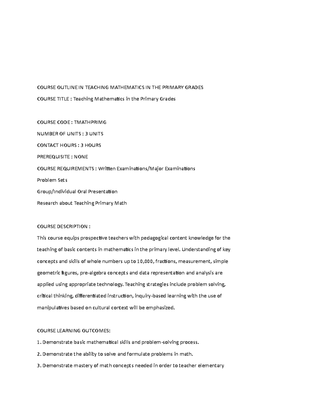 Course Syllabus IN Teaching Mathematics IN THE Primary Grades - COURSE ...