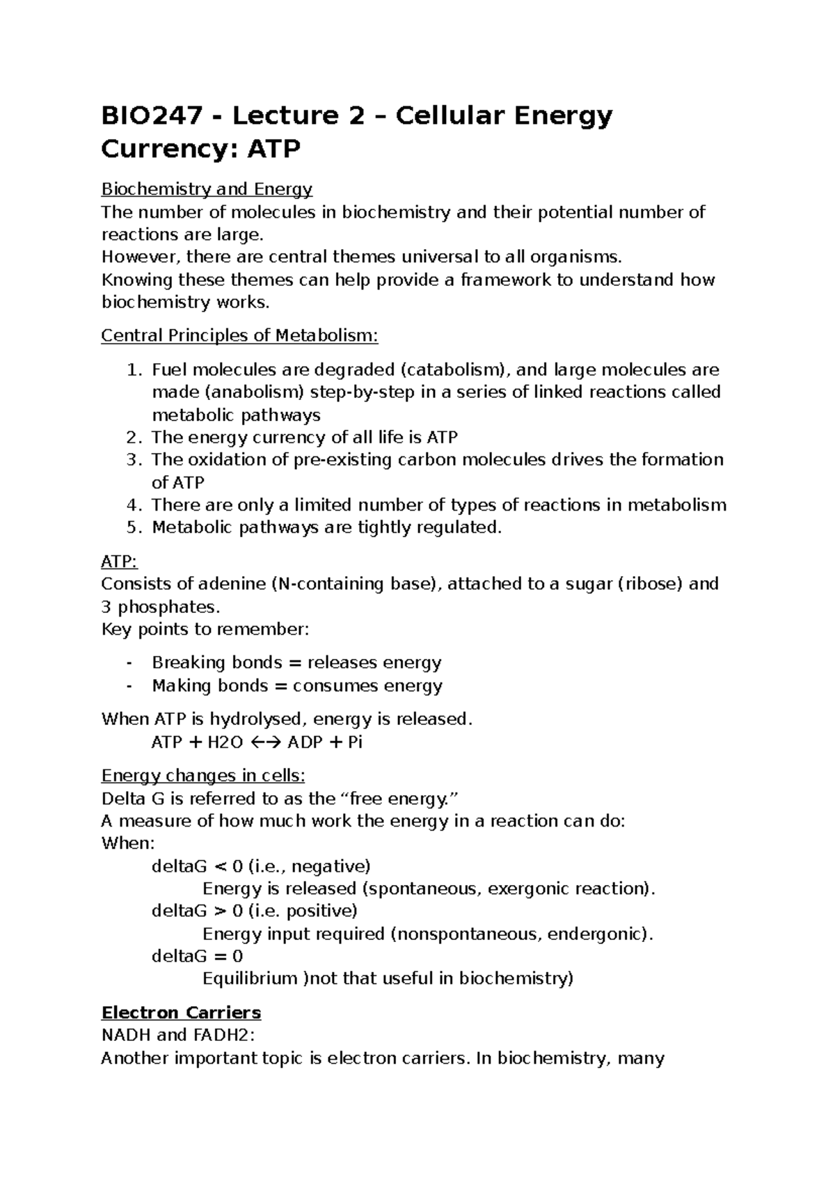 BIO247 - Lecture 2 - Cellular Energy Currency (ATP) - BIO247 - Lecture ...
